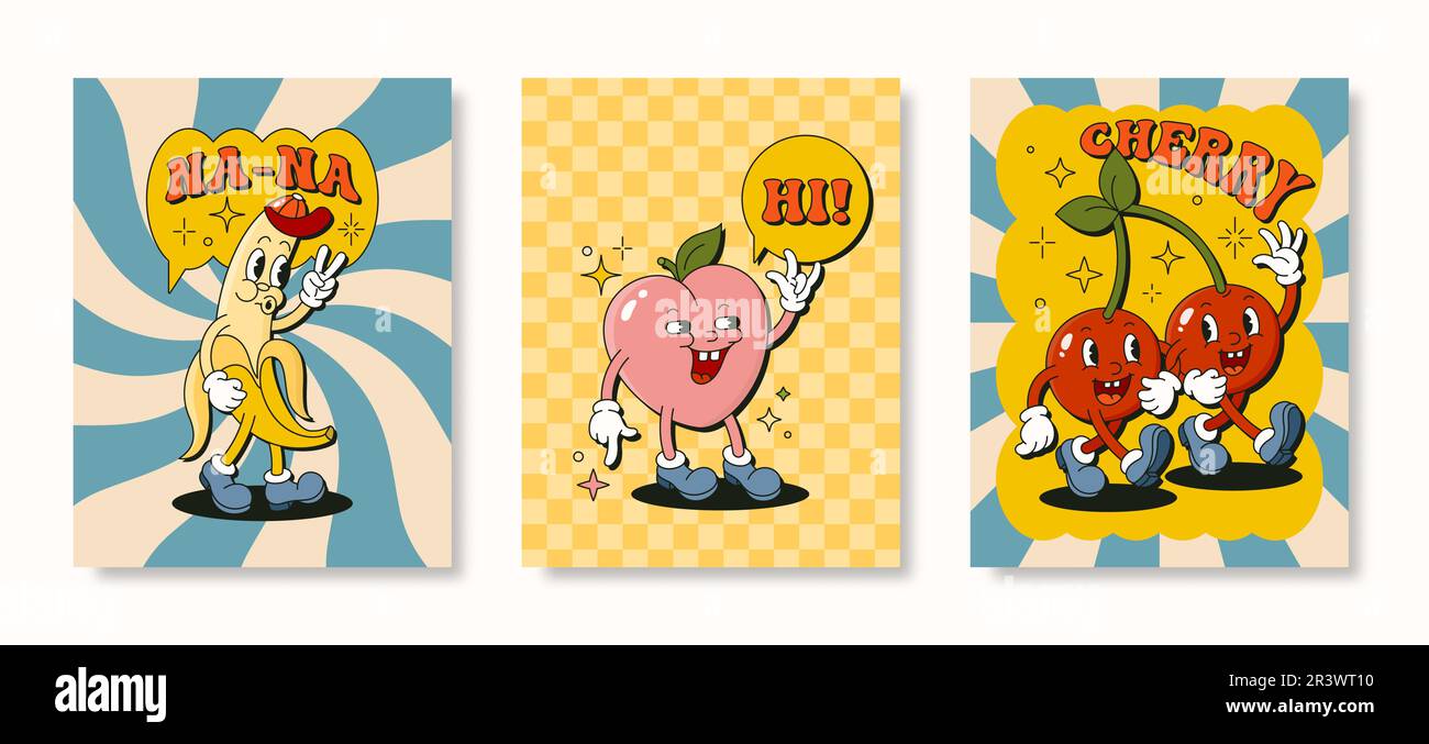 Retro Cartoon Character Fruit Poster Set. Vector Funny Comic ...