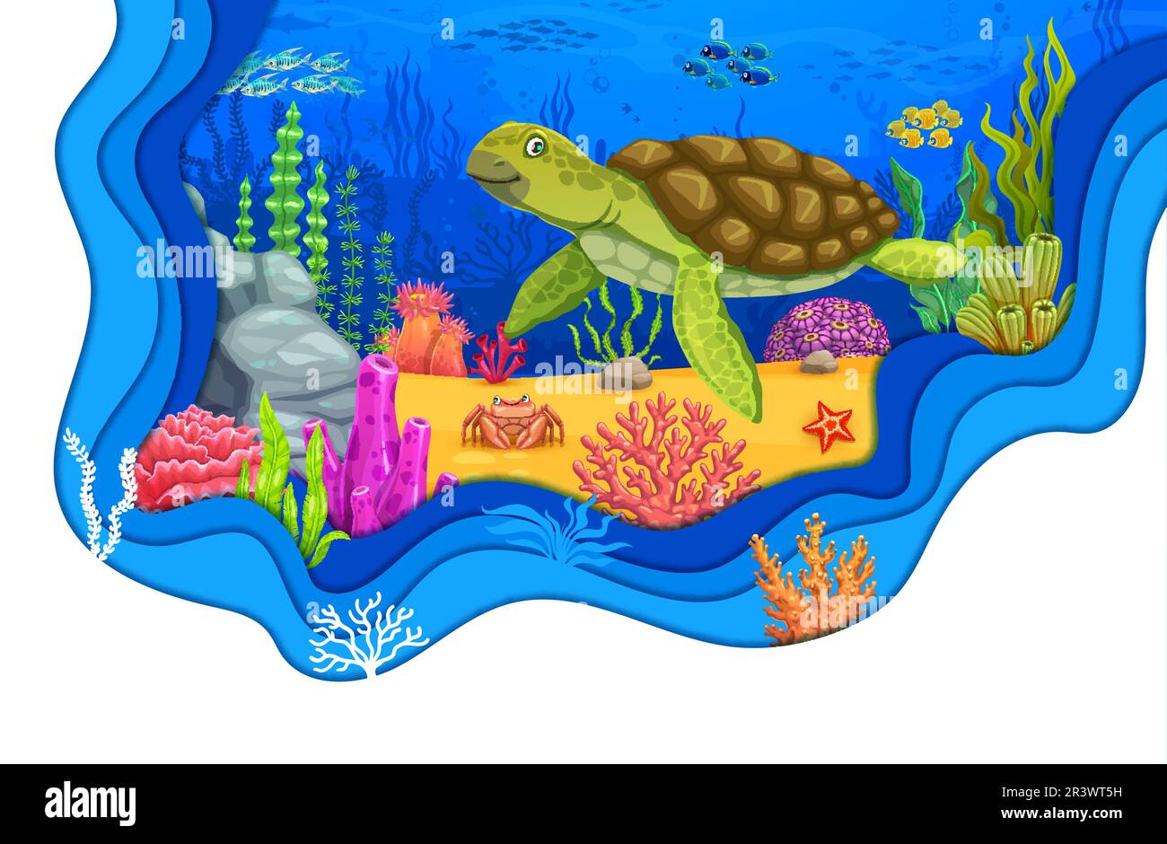 Cartoon turtle, corals and seaweeds on sea underwater paper cut ...