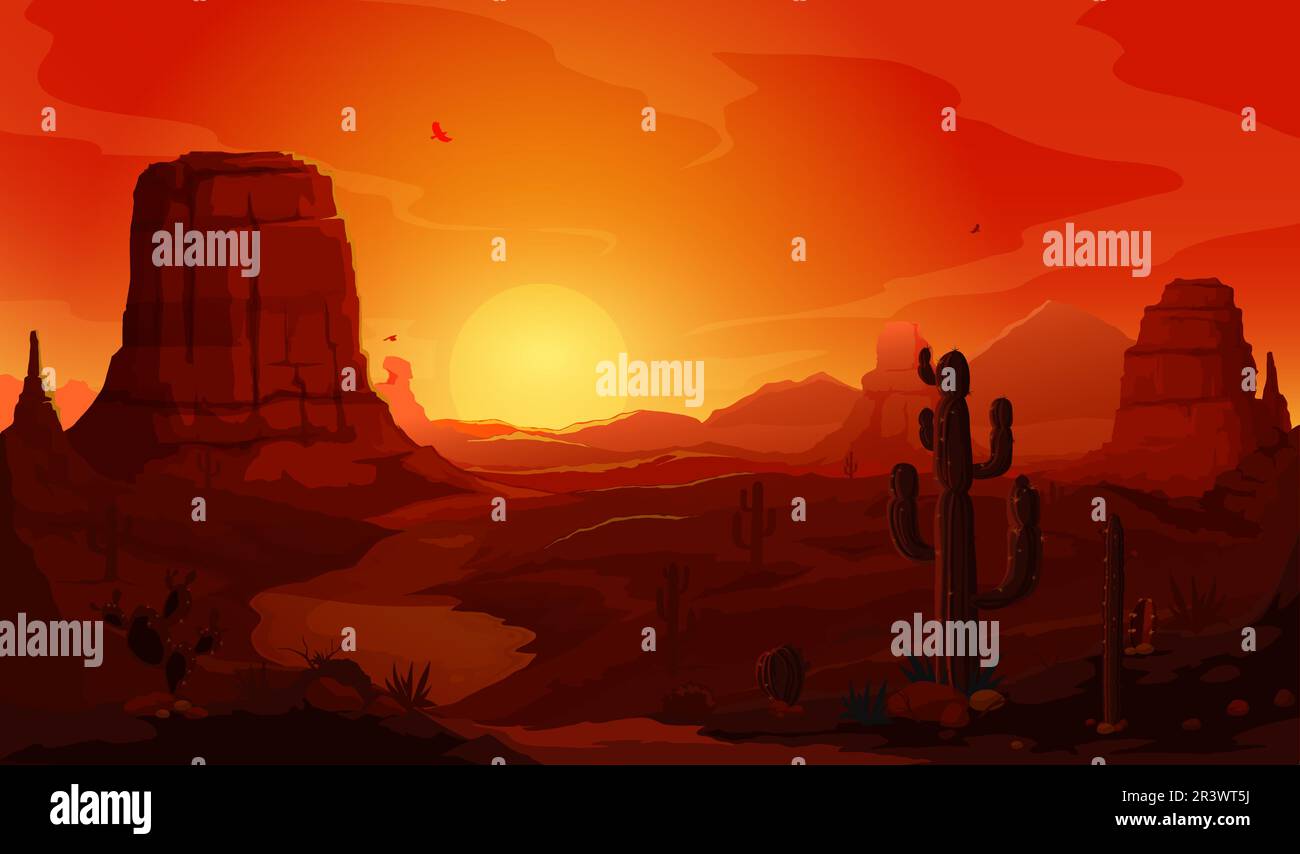 Evening sunset mexican desert landscape with cactus and flying eagle ...