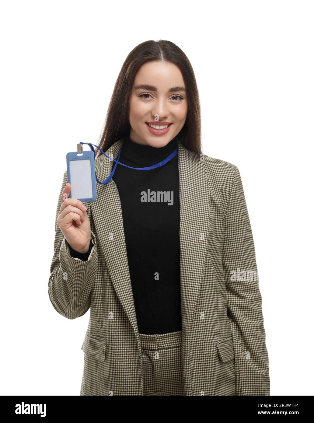 Happy woman with vip pass badge on white background Stock Photo - Alamy