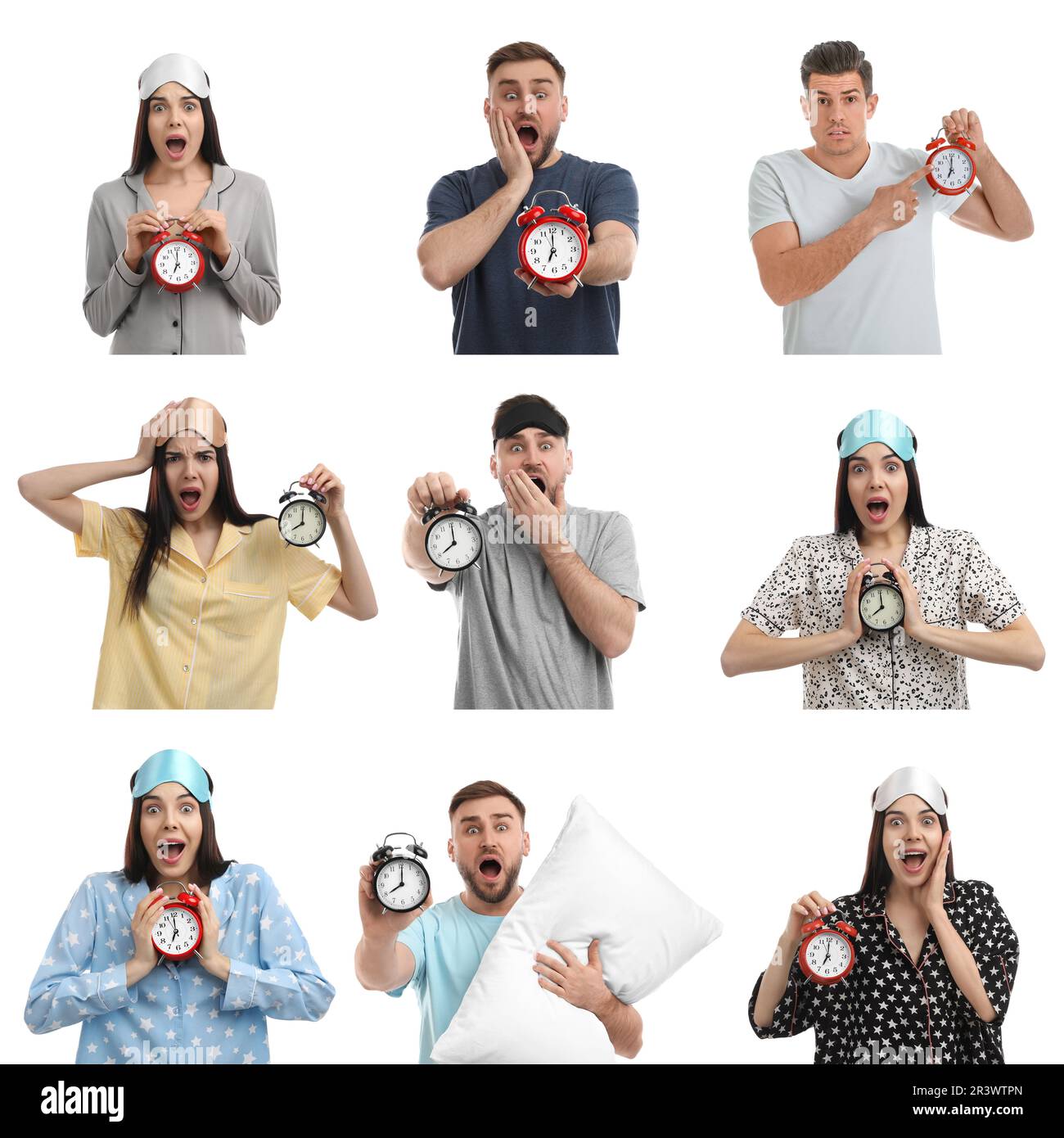 Collage with photos of people with alarm clocks on white background ...