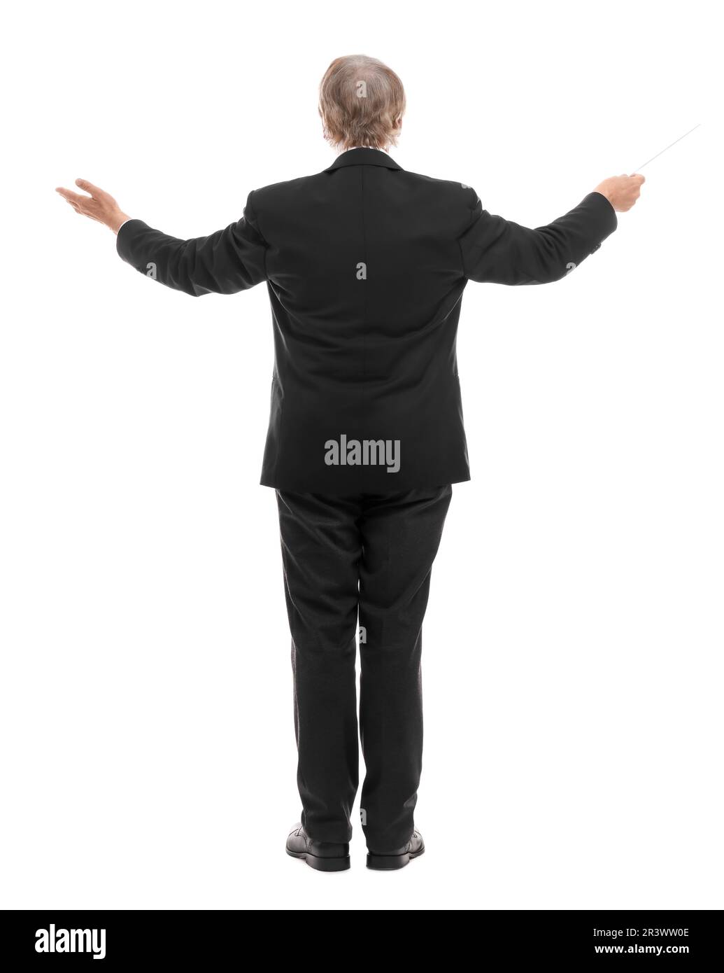 Professional conductor with baton on white background, back view Stock ...
