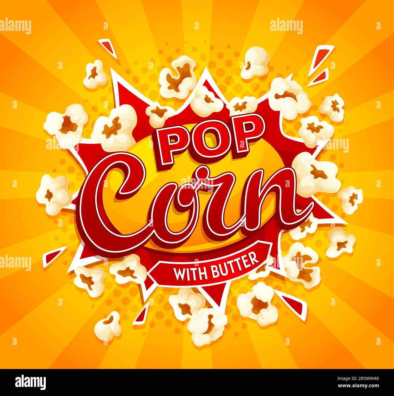 Cartoon movie pop corn burst. Popcorn snack explosion. Vector pop art ...