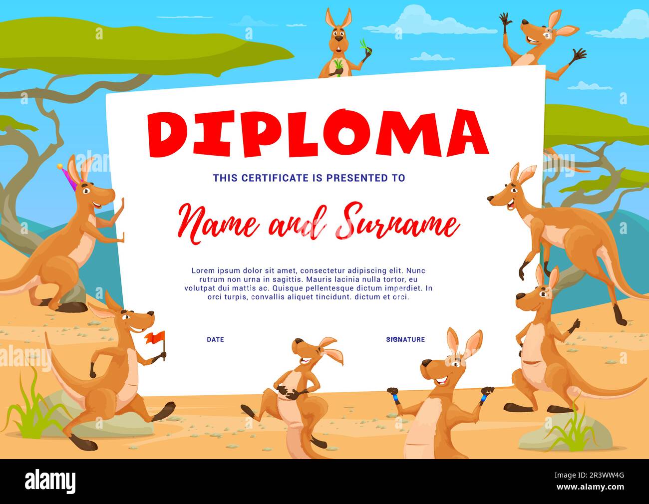 Kids diploma. Cartoon happy kangaroo characters. School graduation ...
