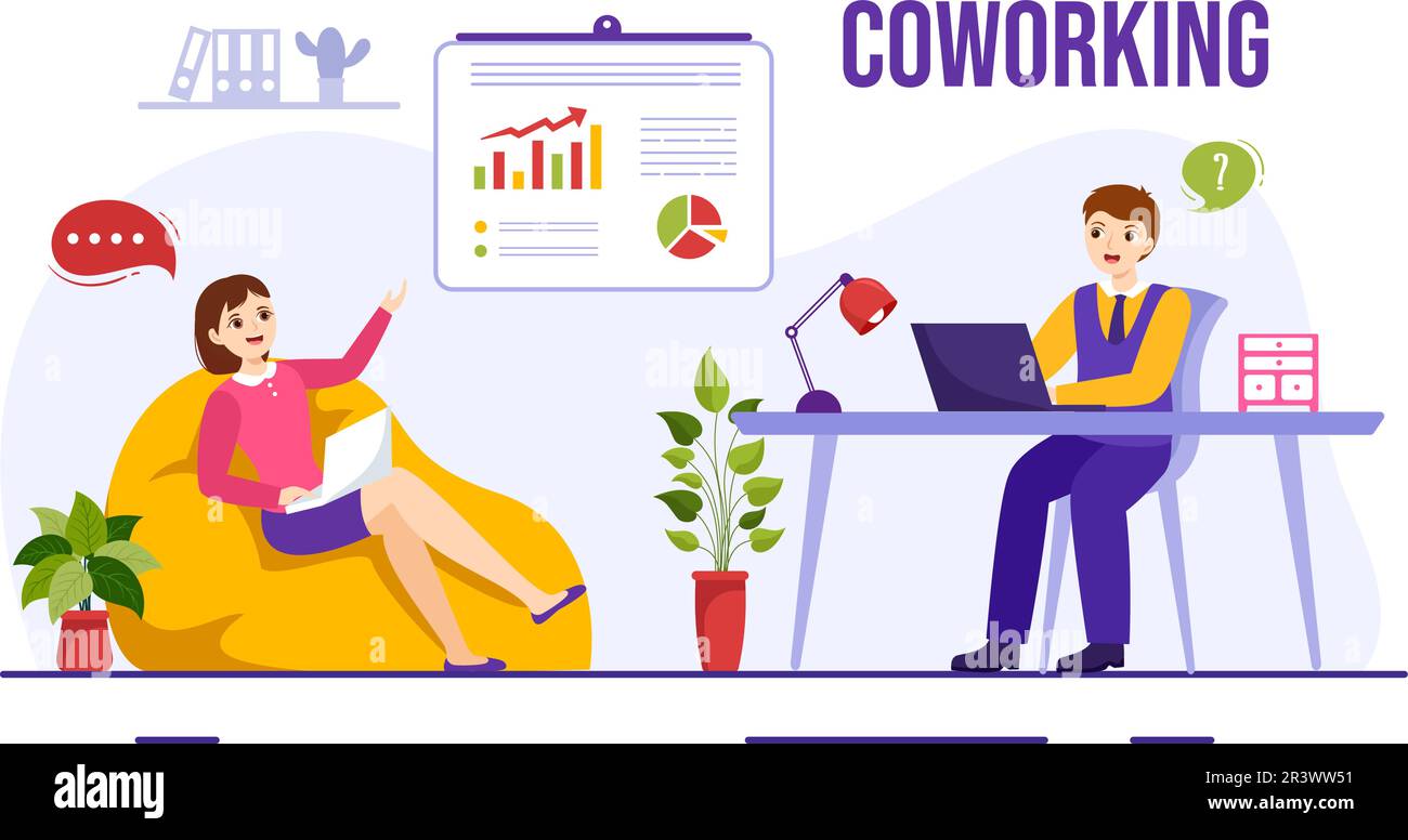 Coworking Business Vector Illustration with Colleagues Talking, Meeting ...