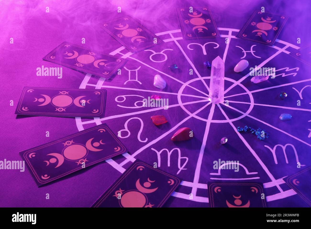 Natural stones for zodiac signs, tarot cards and drawn astrology chart ...