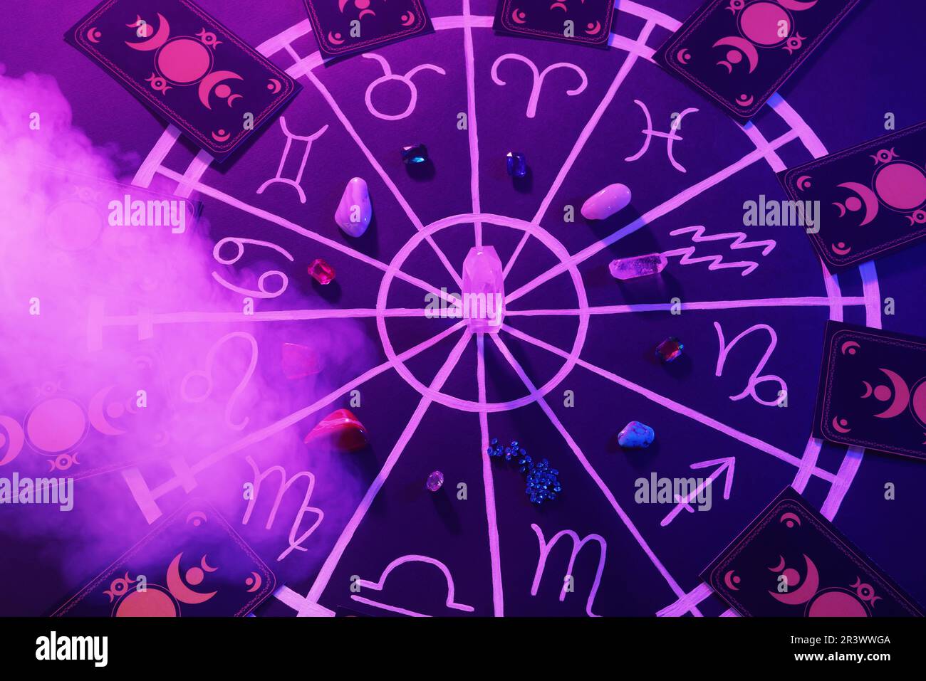 Natural stones for zodiac signs, tarot cards and drawn astrology chart ...