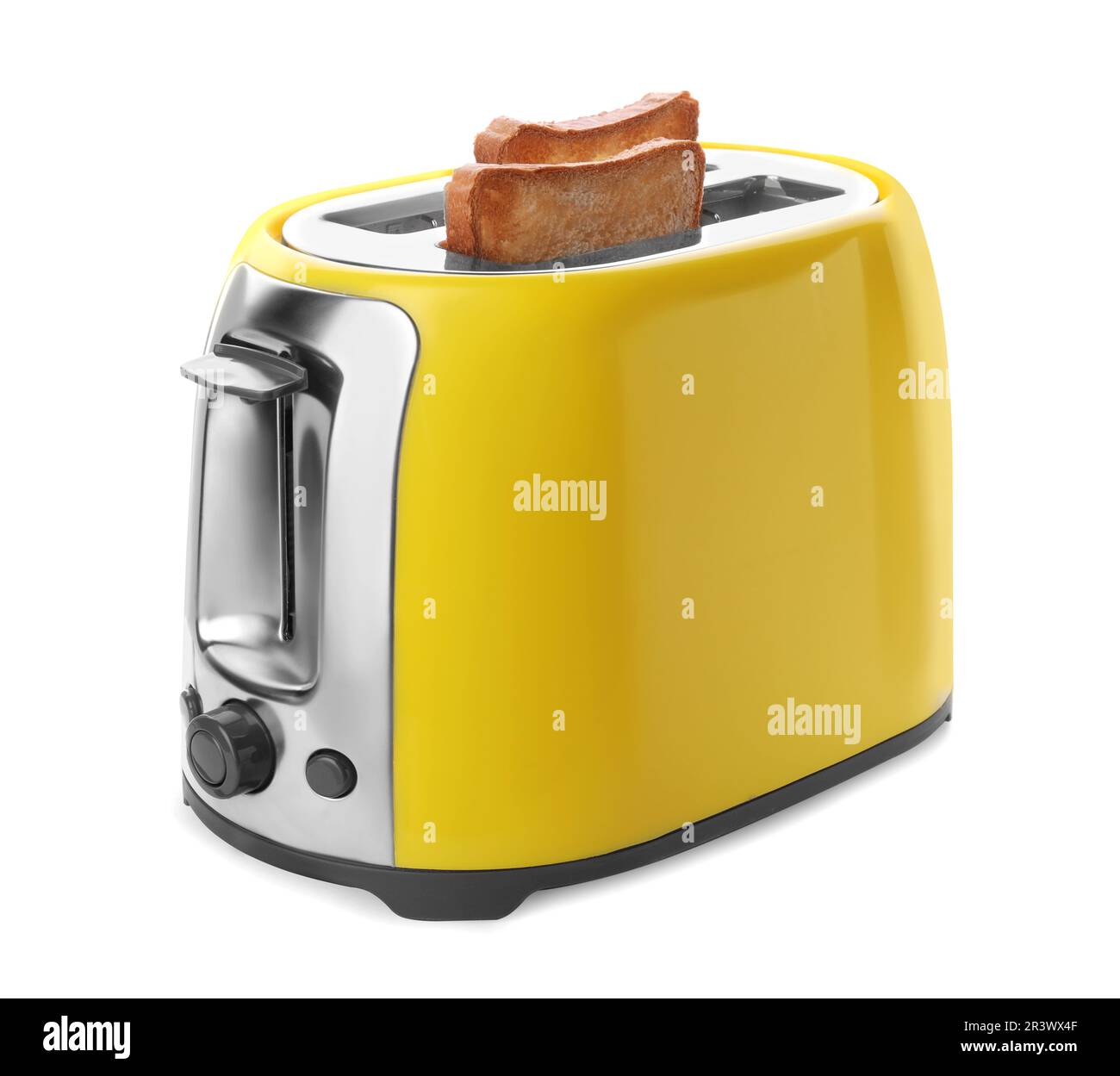 Yellow toaster with roasted bread slices on white background Stock ...