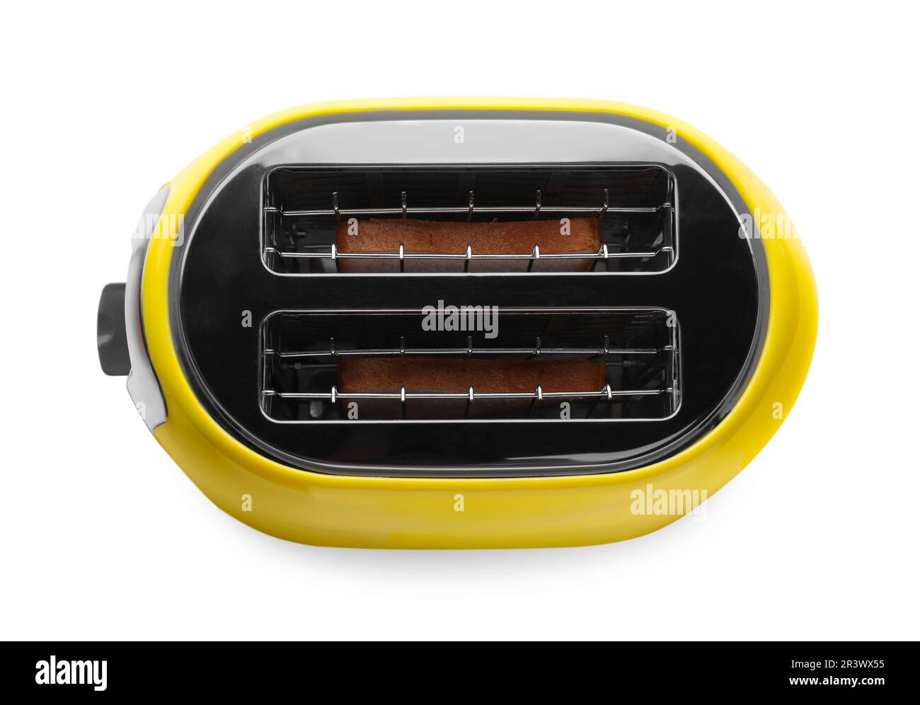 Yellow toaster with roasted bread slices on white background, top view ...