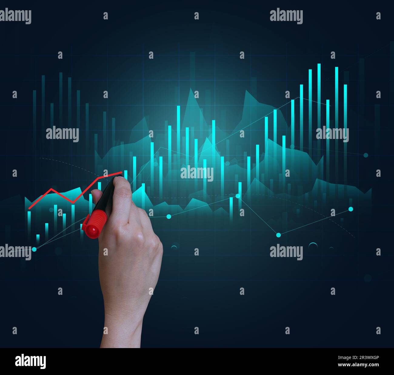 Holographic graph with growing indicators and a woman's hand. Business ...