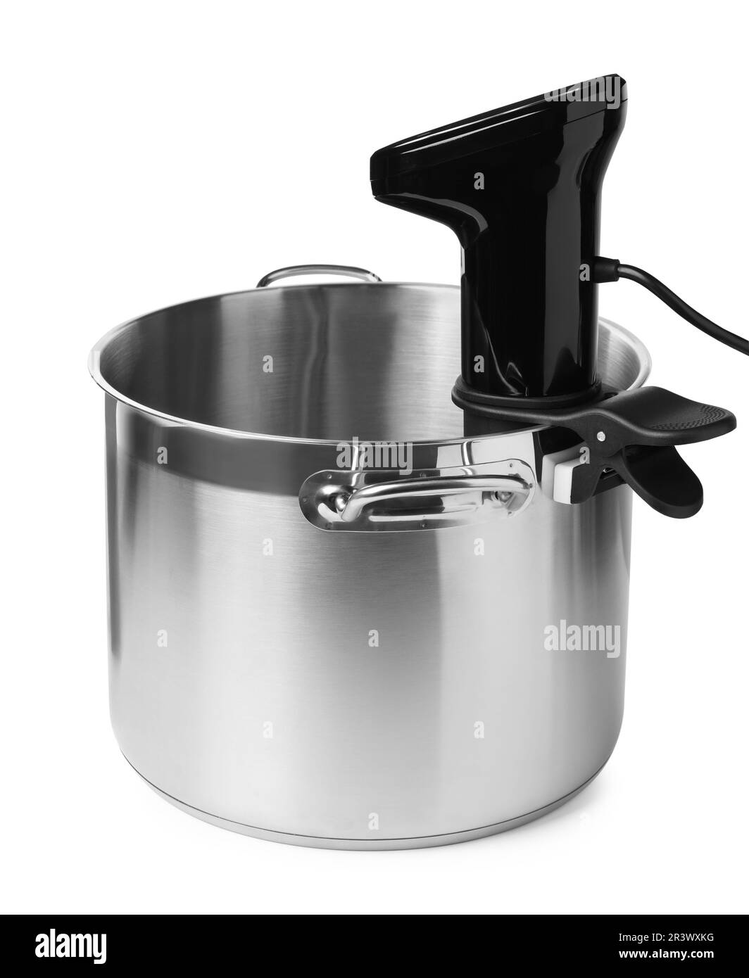 Thermal immersion circulator in pot isolated on white. Sous vide cooker ...