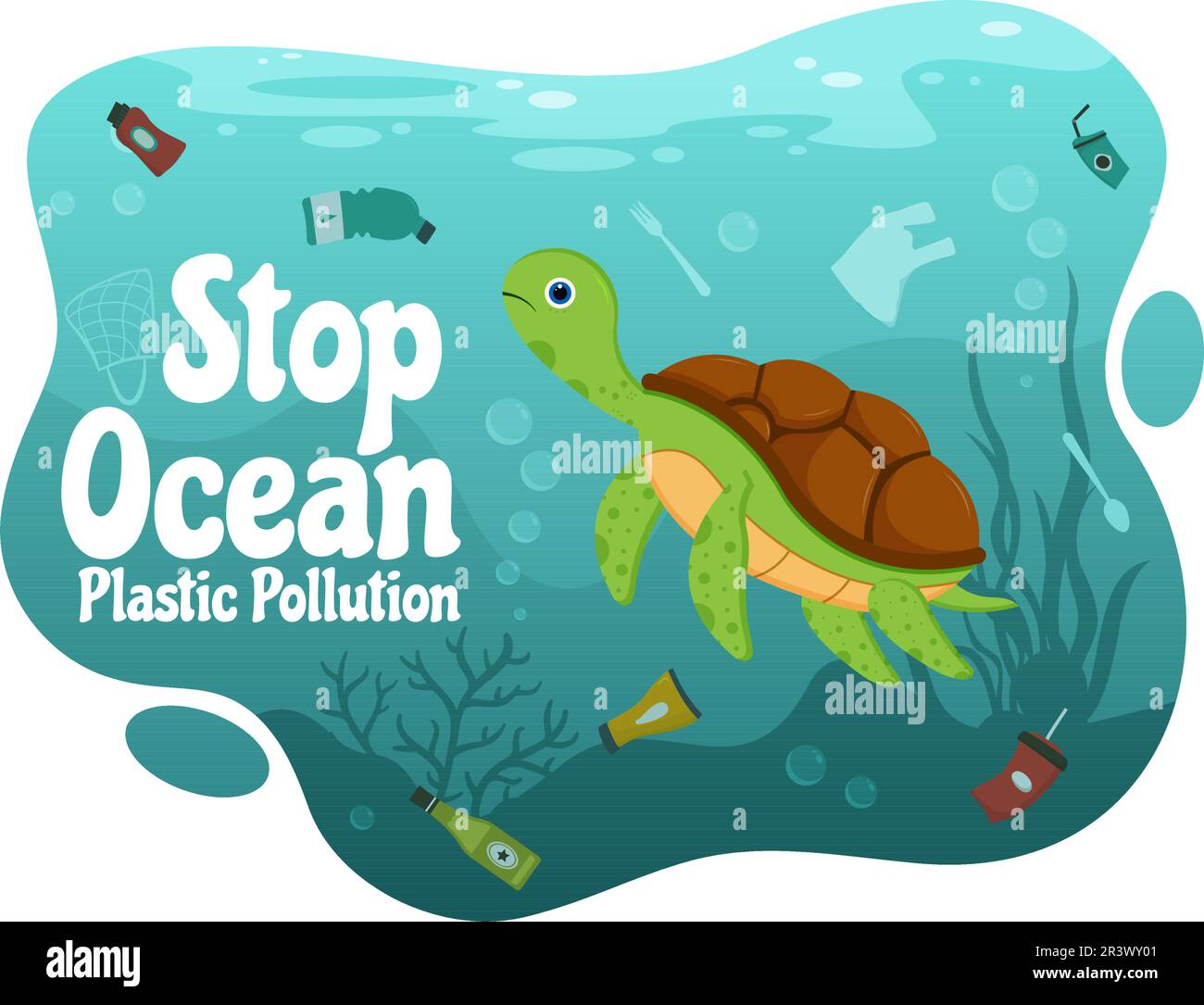 Stop Ocean Plastic Pollution Vector Illustration With Trash Under The