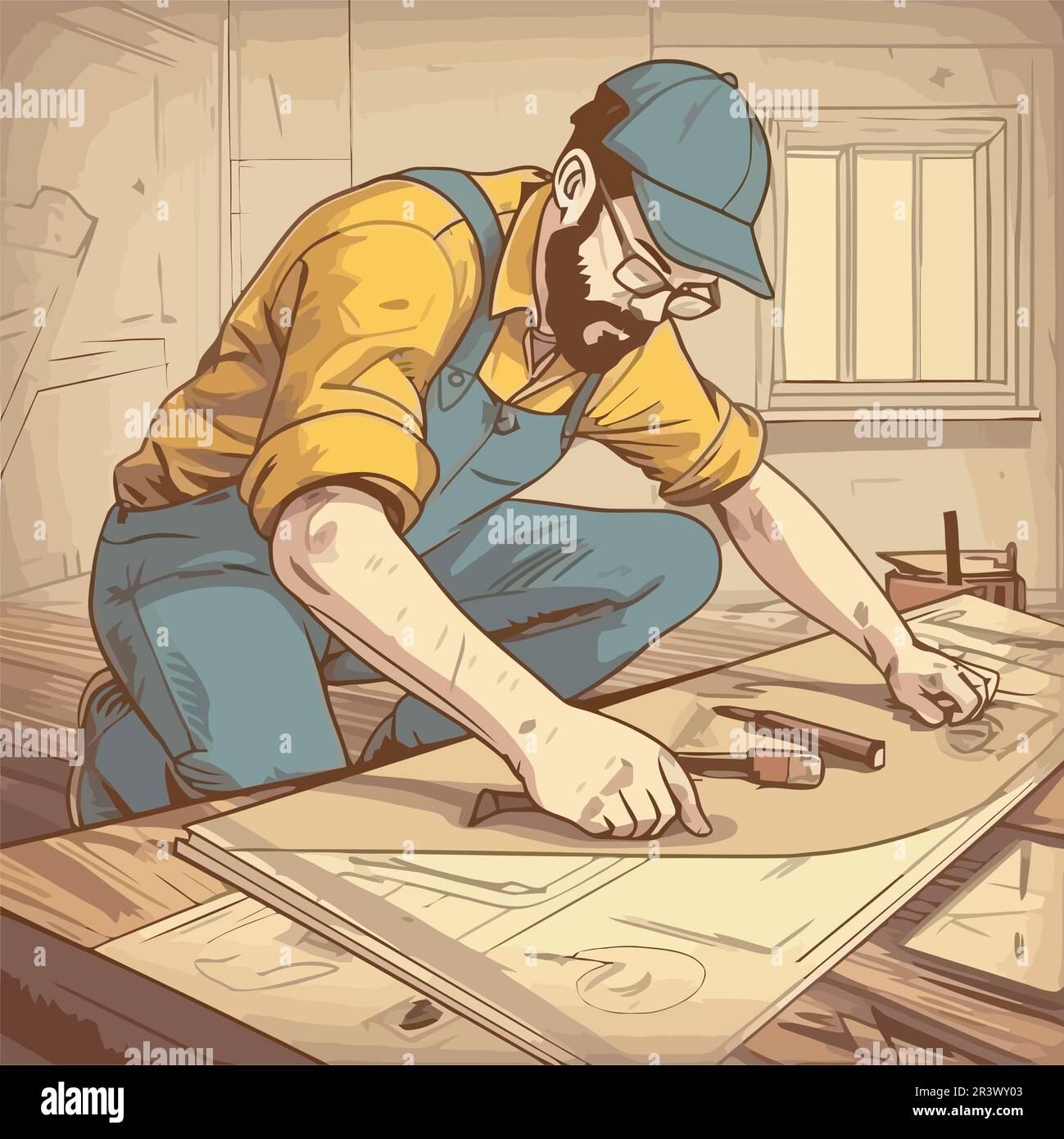 carpenter sitting sketching a construction plan Stock Vector Image ...
