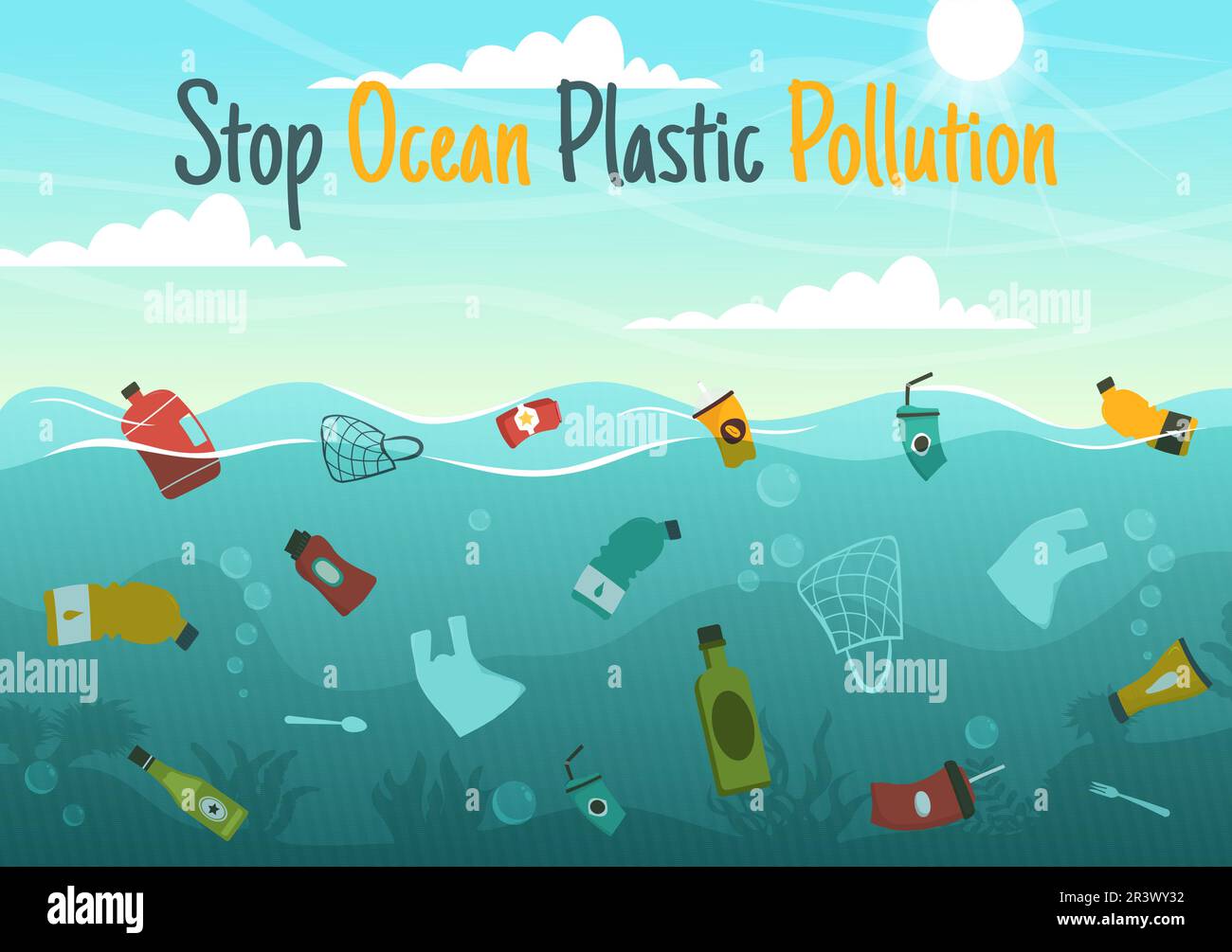 Stop Ocean Plastic Pollution Vector Illustration With Trash Under The