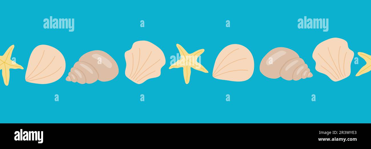 Seamless border with sea shells and sea stars, flat vector illustration ...