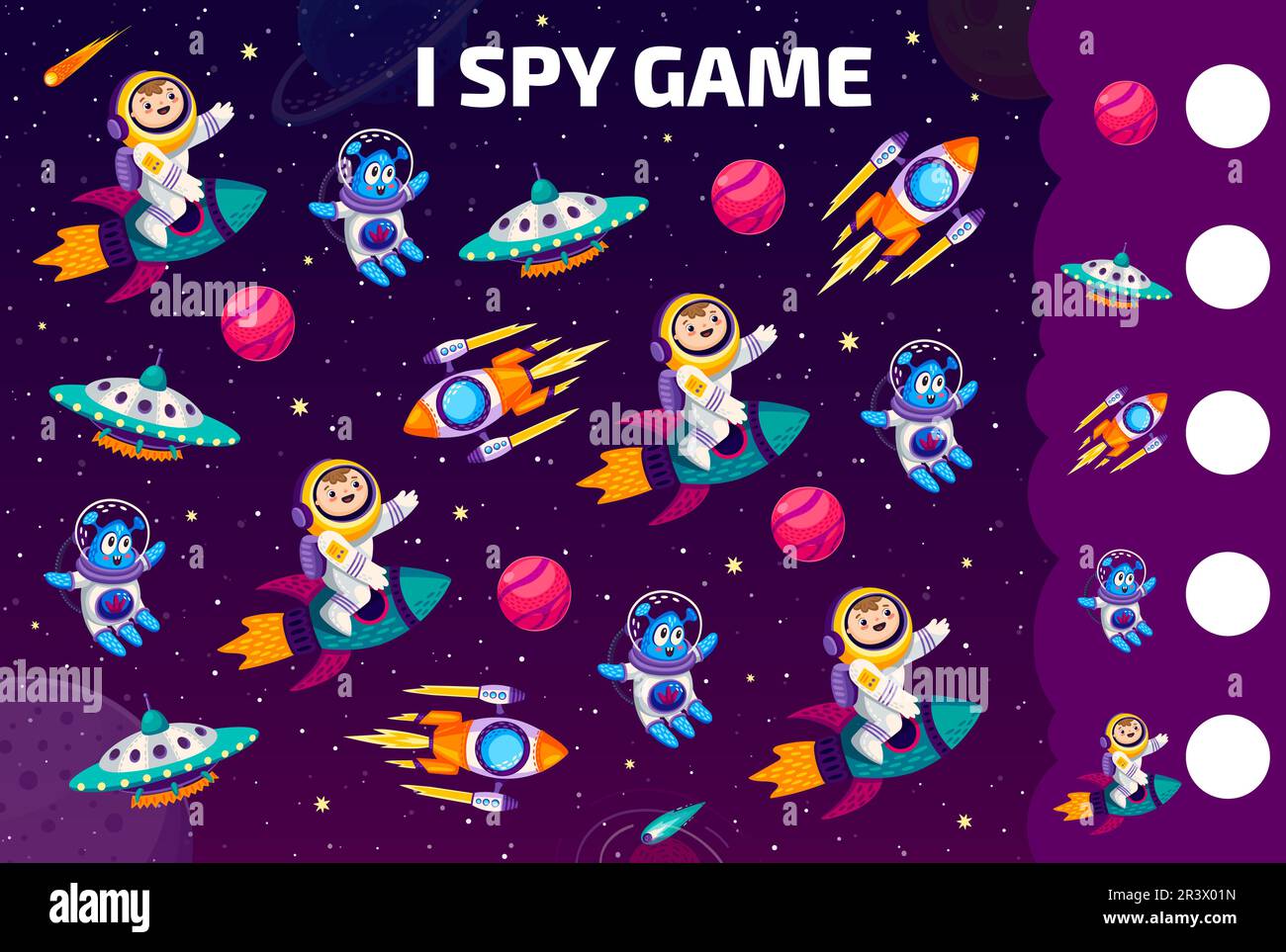 I spy game worksheet. Cartoon kid astronauts, aliens, ufo and space ...