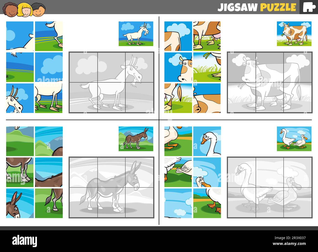 Jigsaw puzzle game set with farm animal characters Stock Photo - Alamy