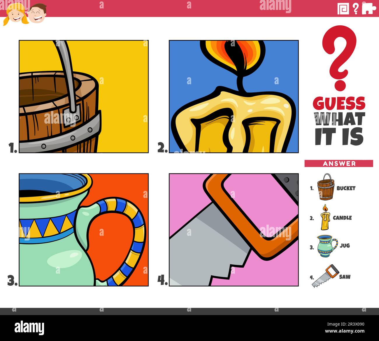 Guess the objects cartoon educational game for children Stock Photo - Alamy