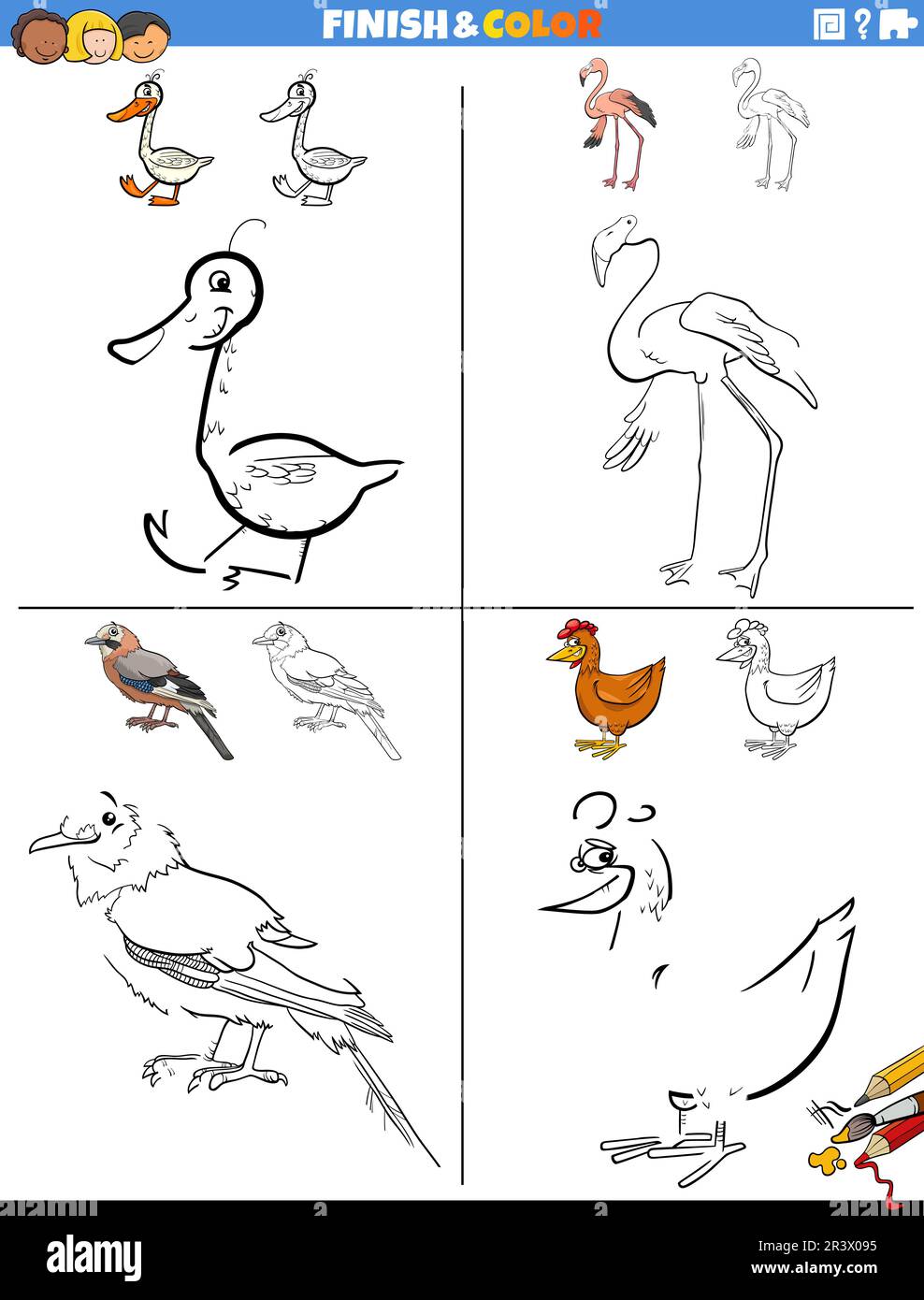 Drawing and coloring worksheets set with comic birds Stock Photo - Alamy