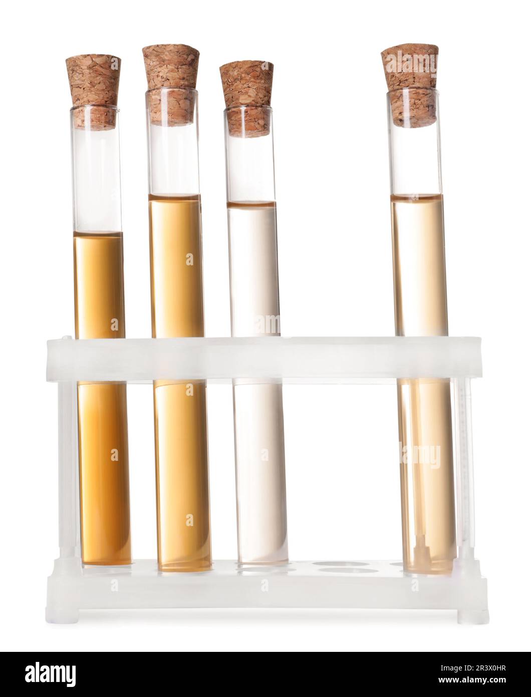 Test tubes with light brown liquids in stand on white background Stock ...