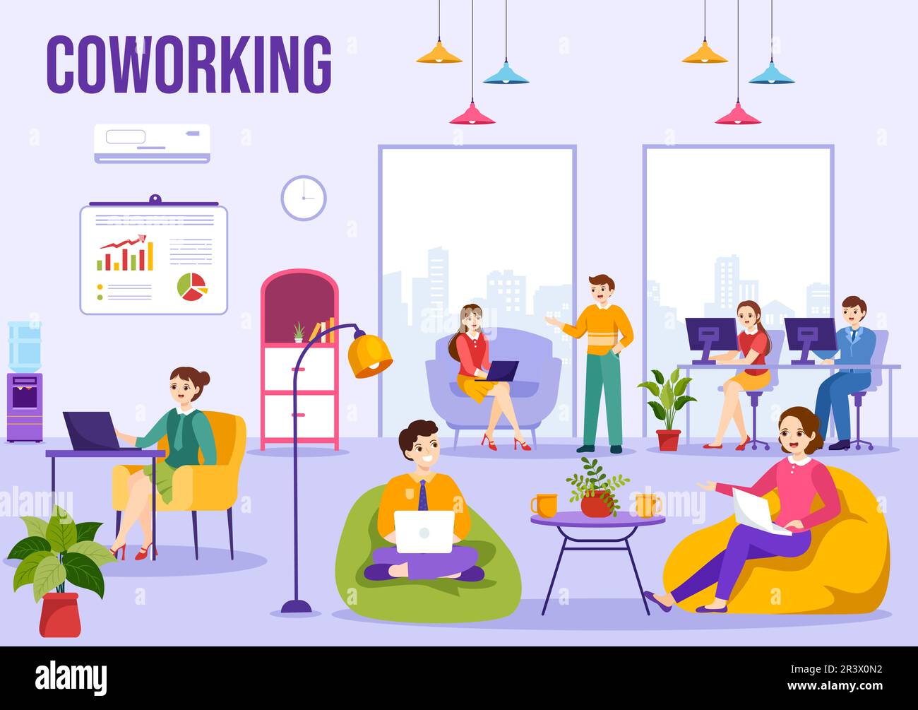 Coworking Business Vector Illustration with Colleagues Talking, Meeting ...