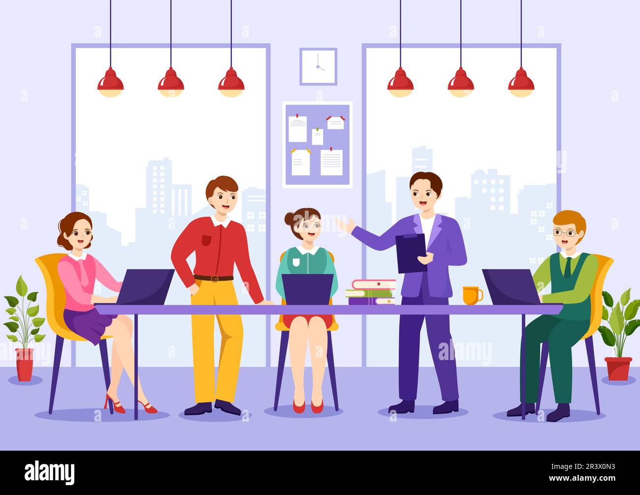 Coworking Business Vector Illustration with Colleagues Talking, Meeting and Working at the ...
