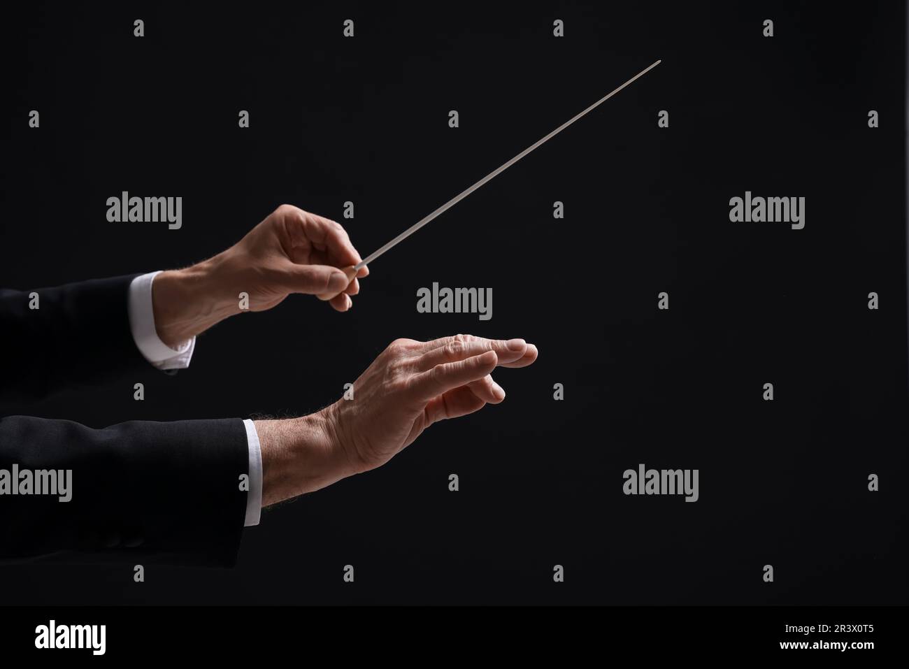 Professional conductor with baton on black background, closeup Stock ...