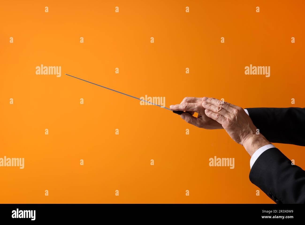 Professional conductor with baton on orange background, closeup. Space ...