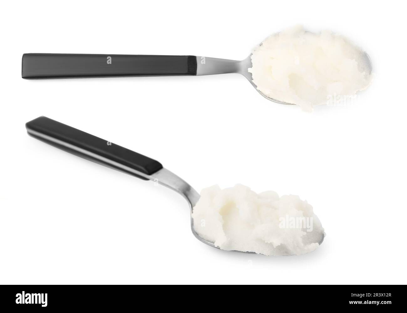 Spoons with tasty pork lard on white background, collage Stock Photo ...