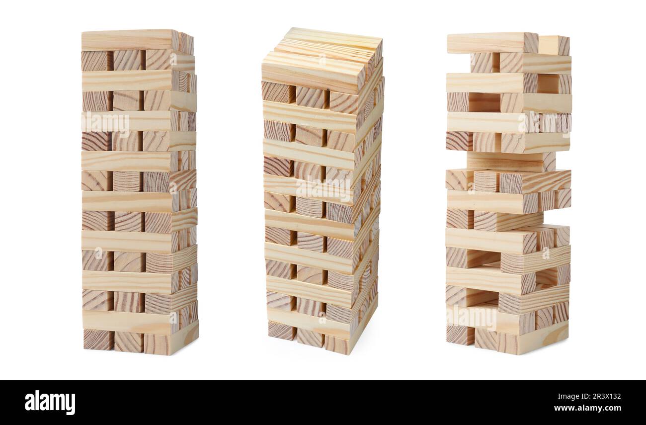 Set of Jenga towers on white background Stock Photo - Alamy