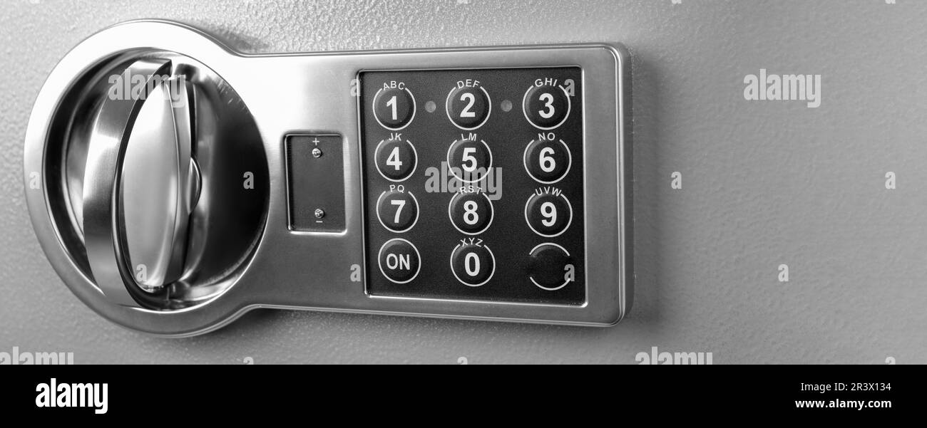 Grey steel safe with electronic lock, closeup. Banner design Stock ...