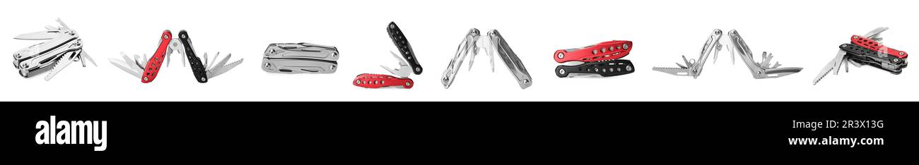 Set with different portable multitools on white background. Banner ...