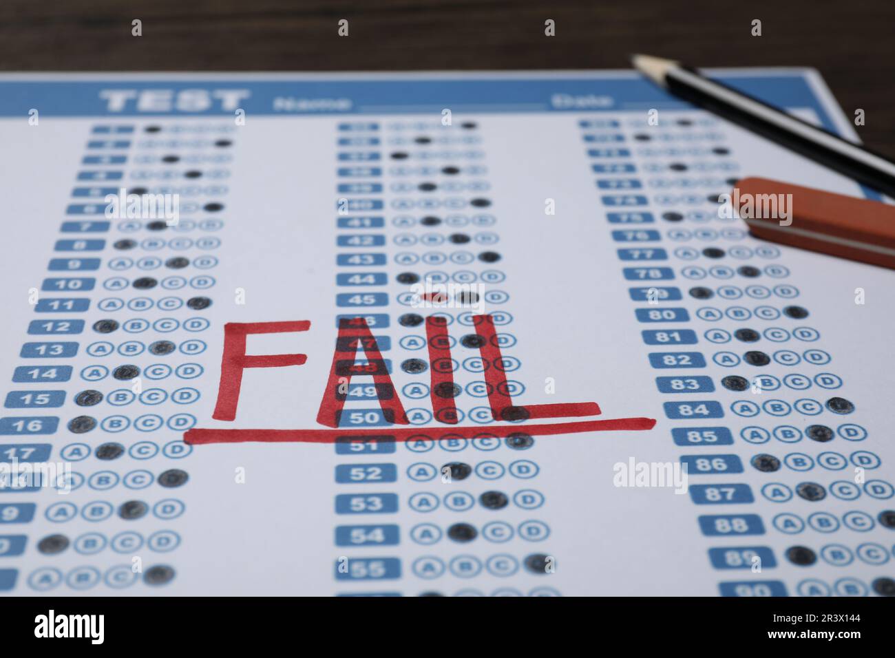Answer sheet with Word Fail, eraser and pencil on table, closeup ...