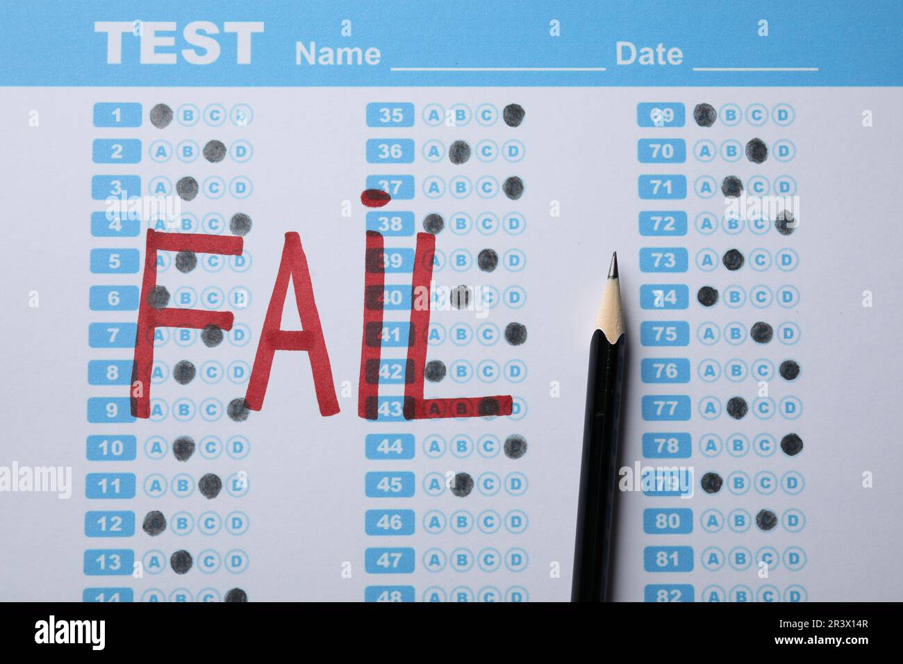 Word Fail written with red marker on answer sheet, flat lay. Student ...