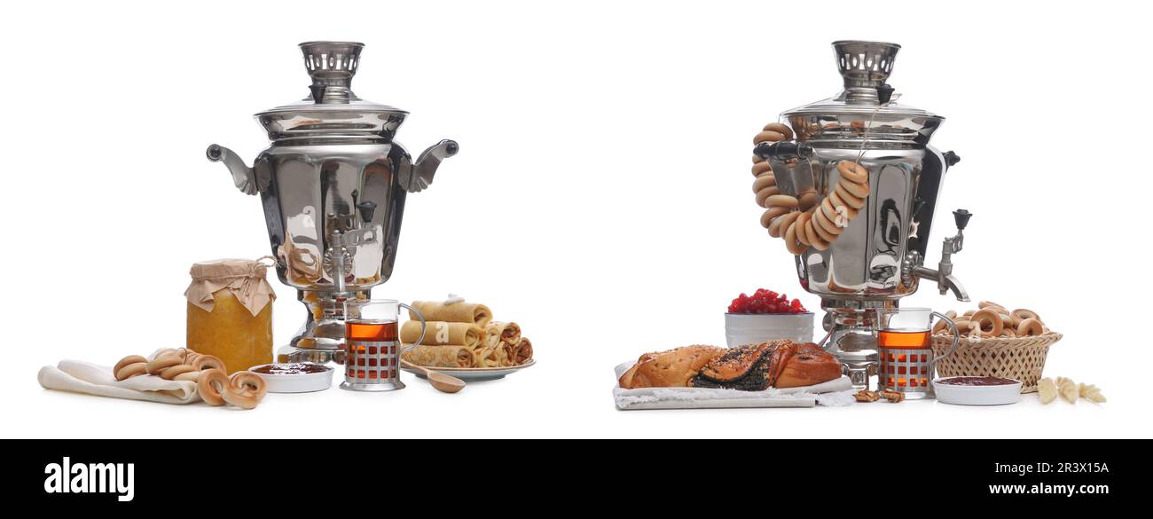 Traditional Russian samovars and treats on white background, collage ...