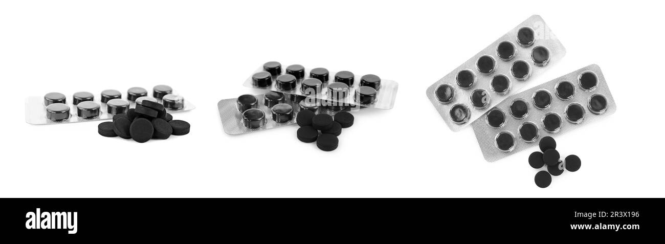 Set with activated charcoal pills on white background, banner design ...