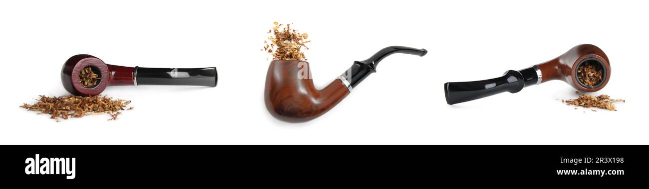 Set with smoking pipes with tobacco on white background. Banner design ...