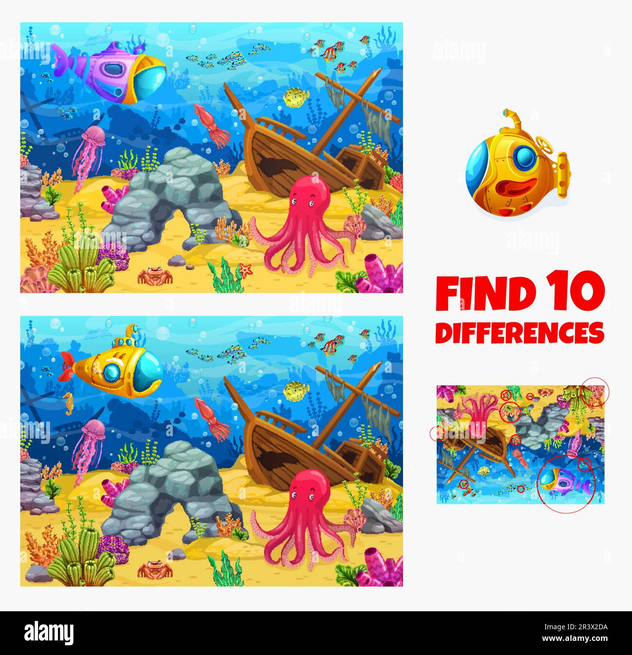 Find ten differences on sea underwater landscape. Cartoon vector kids ...