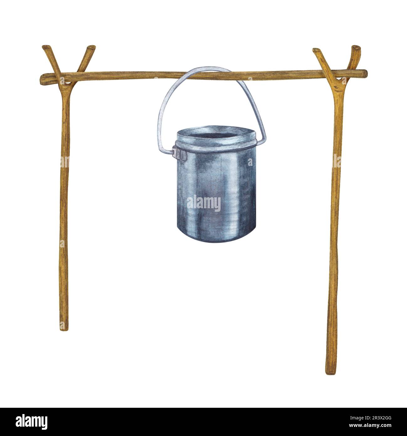 Watercolor illustration of wooden sticks for cooking over a campfire ...