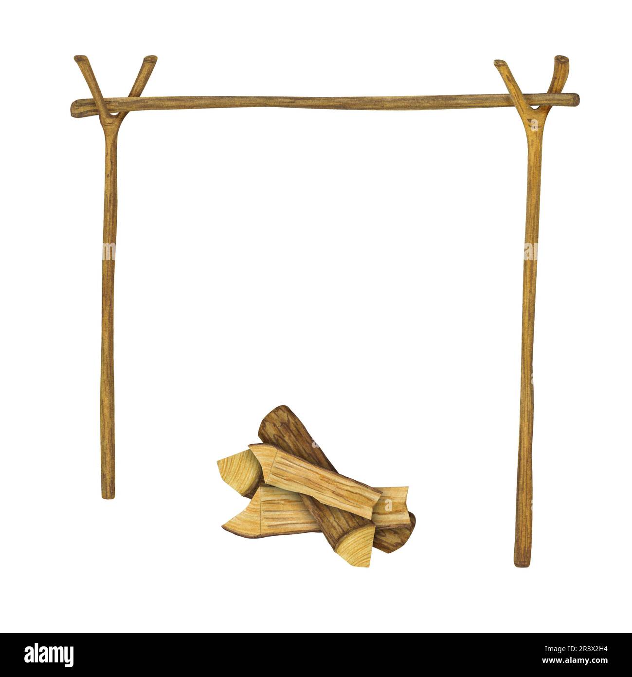 Watercolor illustration of wooden sticks for cooking over a campfire ...