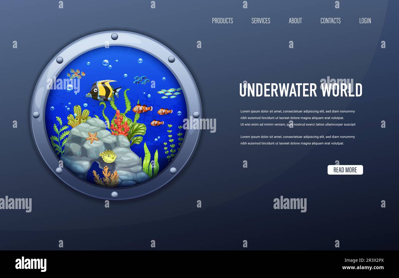 Landing page, porthole with sea paper cut underwater landscape, vector ...