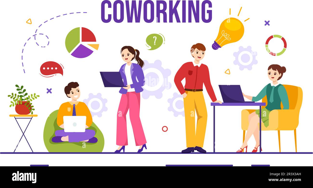 Coworking Business Vector Illustration with Colleagues Talking, Meeting and Working at the ...