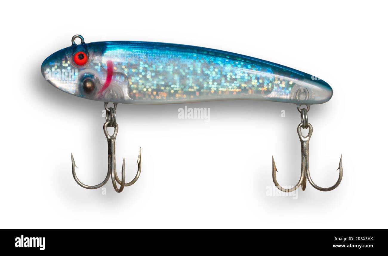 Topwater fishing lure with a shadow behind that is blue and ...