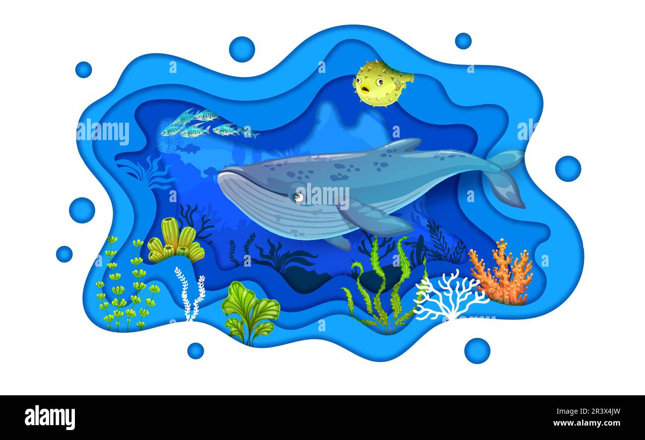 Cartoon whale, puffer fish and shoal on underwater paper cut landscape ...