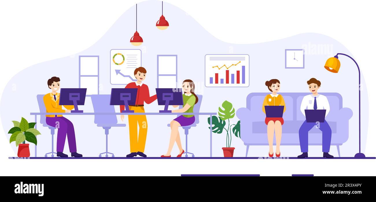 Coworking Business Vector Illustration with Colleagues Talking, Meeting and Working at the ...