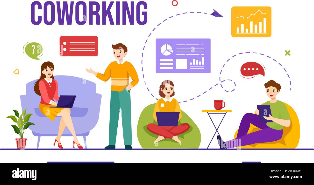 Coworking Business Vector Illustration with Colleagues Talking, Meeting and Working at the ...