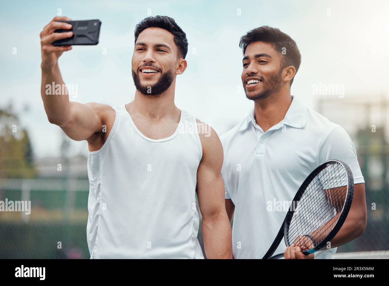 Happy man, friends and tennis selfie for social media, profile picture ...