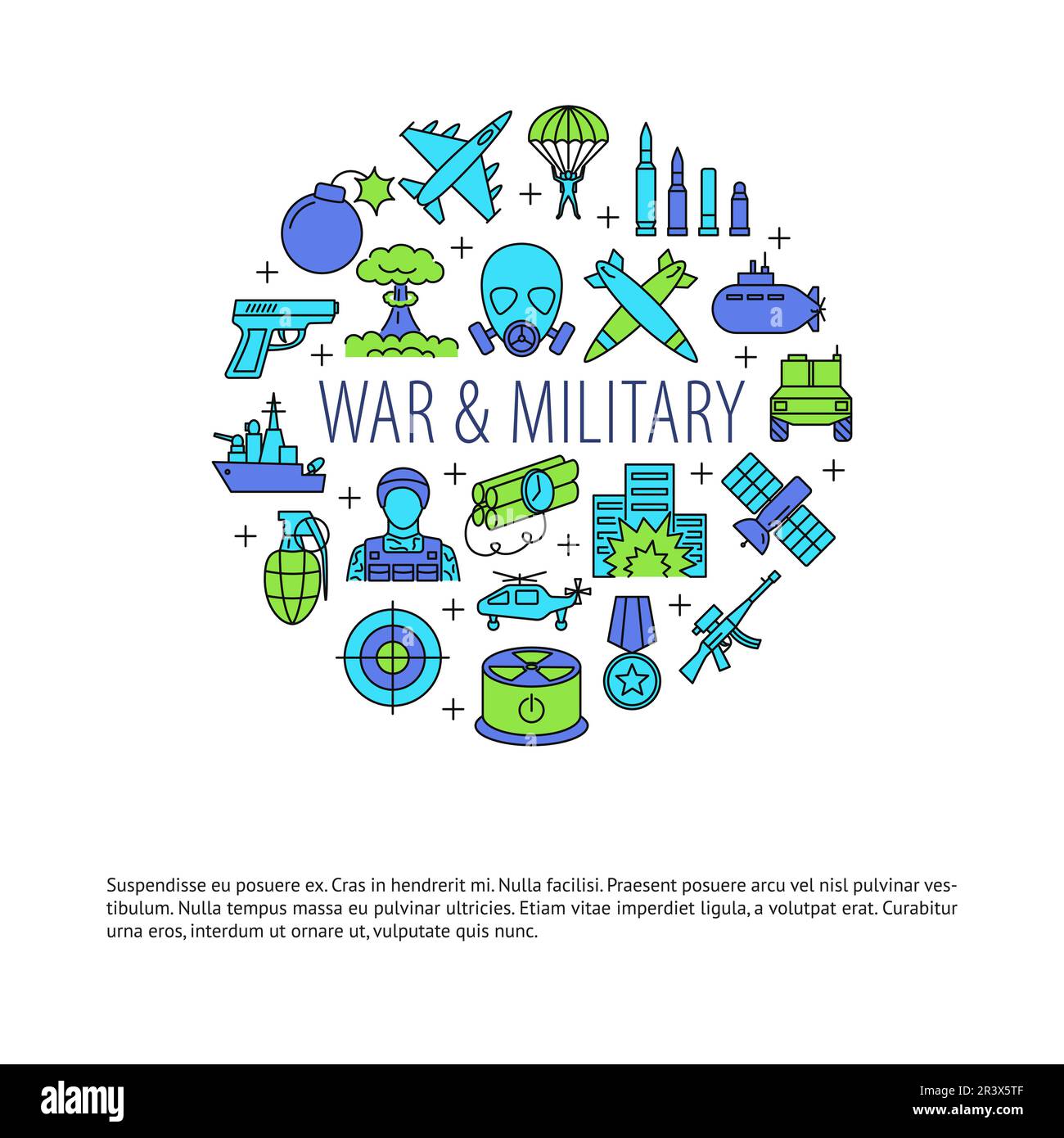 War and military round concept banner in line style with place for text ...