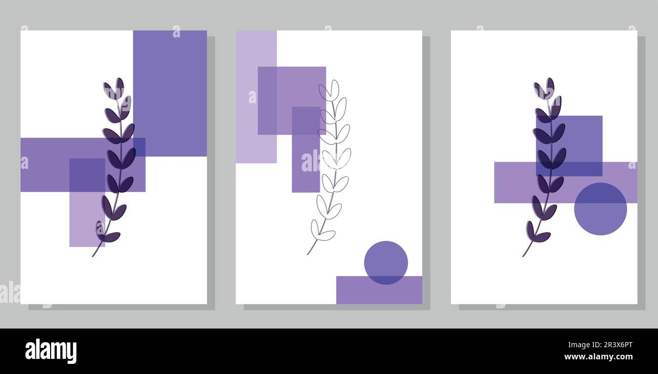 Set of minimalist posters with botanical elements and purple geometric shapes. For interior ...
