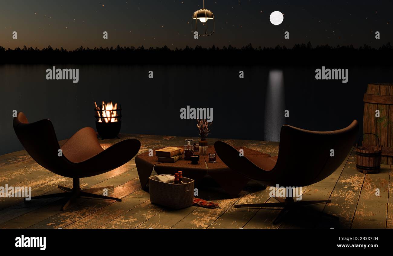 cozy scene at a lake with 2 comfortable armchairs, a table, drinks and ...